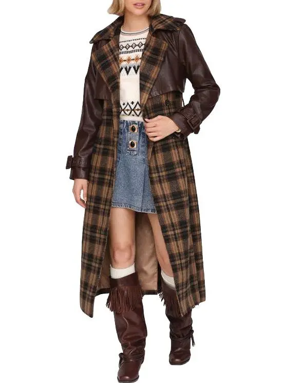 Avec Les Filles Plaid Double-breasted Coat With Faux Leather Trim - Multi Brown