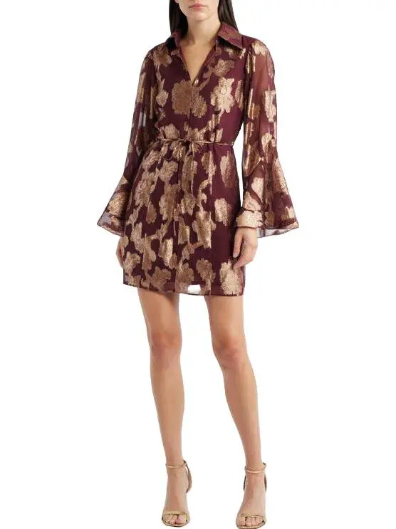 CIEBON Estrada Long Sleeve Fil Coupé Chiffon Minidress - Burgundy