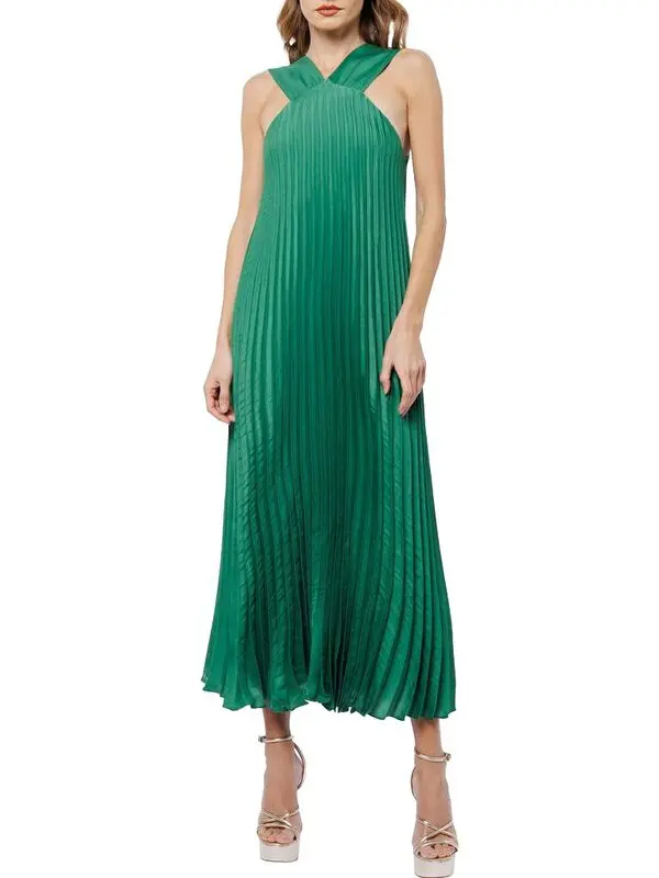 CIEBON Mellisa Pleated Satin Dress - Green