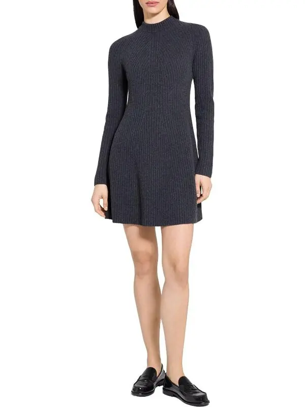 Theory Traveling Long Sleeve Wool & Cashmere Rib Dress - Charcoal