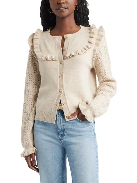 Treasure & Bond Pointelle Ruffle Wool & Cashmere Cardigan - Beige Oatmeal Light Heather