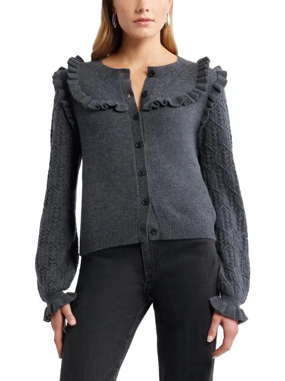 Treasure & Bond Pointelle Ruffle Wool & Cashmere Cardigan - Grey Dark Charcoal Heather