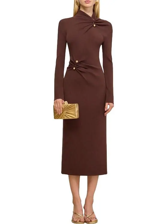 Cult Gaia Vera Ruched Mock Neck Long Sleeve Midi Dress - Java