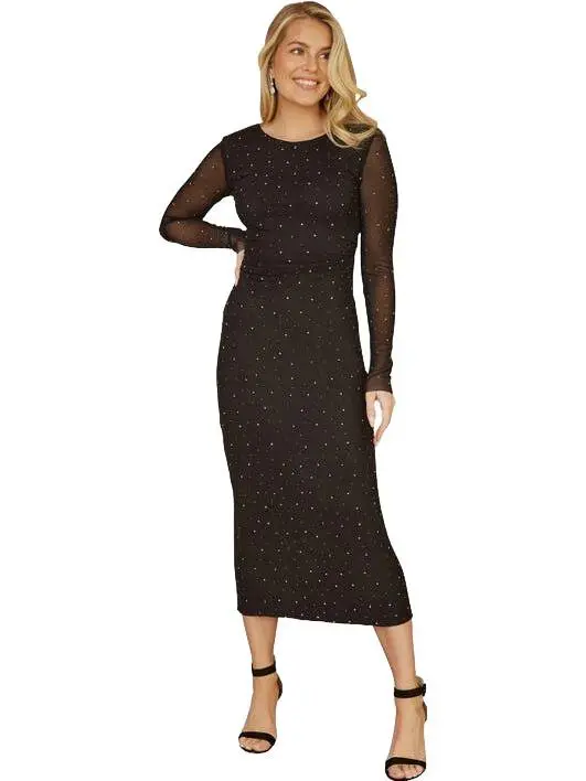 YUMI Sparkle Mesh Bodycon Midi Dress - Black