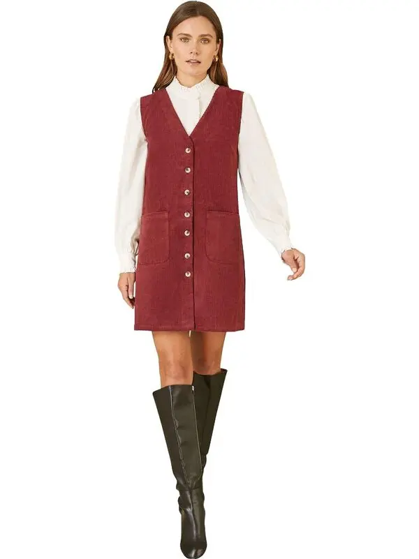 YUMI V-neck Cord Pinafore Dress - Burgundy