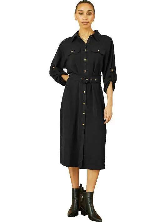 YUMI Belted Midi Shirt Dress With 3/4 Sleeves - Black
