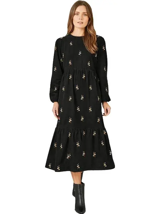 YUMI Long Sleeve Floral Midi Dress - Black