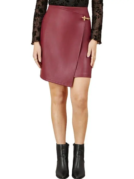 YUMI Faux Leather Wrap Skirt - Burgundy