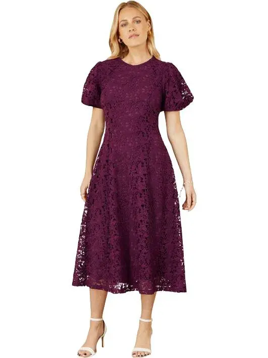 YUMI Stretch Lace Midi Dress - Burgundy