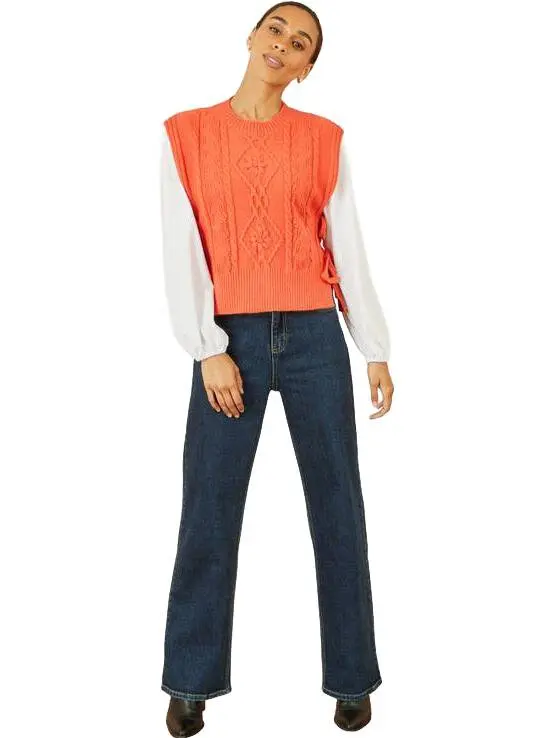 YUMI Floral Cable Knit Pullover With Side Tie Detail - Orange