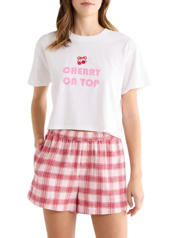 OPEN EDIT Boxy Crop Sleep T-shirt - White Pink Cherry On Top