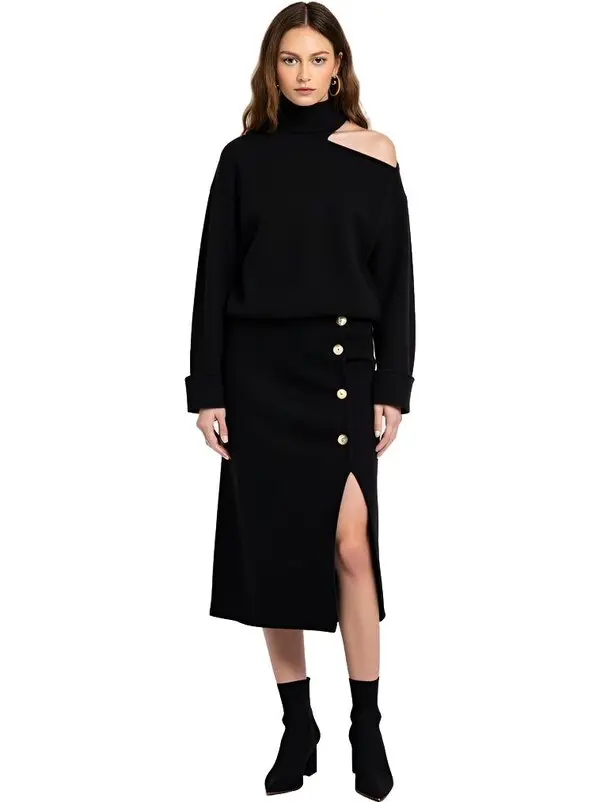 MODENAIRE Asymmetric Turtleneck Pullover And Button-front Slit Skirt Set - Black