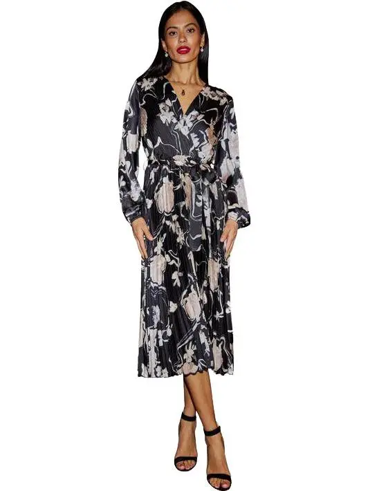 YUMI Floral Satin Long Sleeve Midi Dress - Black