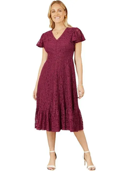 YUMI Short Sleeve Lace Midi Skater Dress - Burgundy
