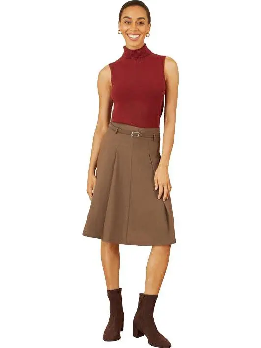 YUMI Pleated Midi Skirt With Belt - Brown