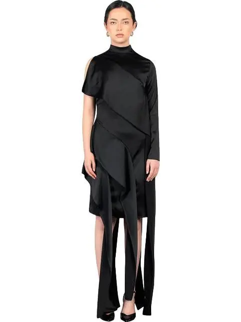 LAURA APARICIO Asymmetric Volant Dress - Black