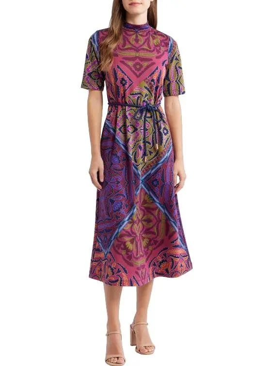 Anne Klein Print Tie Belt Midi Dress - Distant Mountain Multi