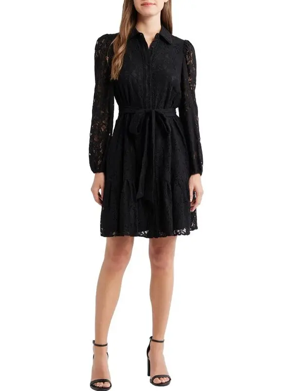 Anne Klein Long Sleeve Lace Shirtdress - Anne Black