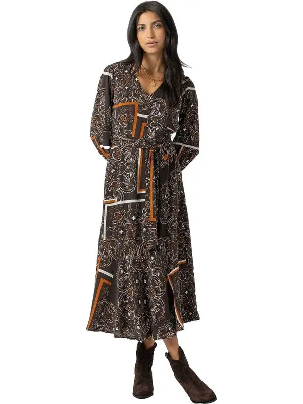 SAINT + SOFIA Allegra V-neck Midi Dress - Brown Paisley