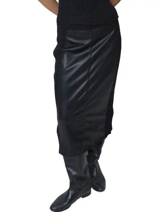 Central Park West Faux Leather Combo Skirt - Black Combo