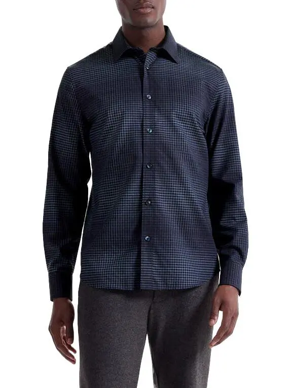 Bugatchi Julian Shaped Fit Gradient Check Cotton & Cashmere Button-up Shirt - Navy
