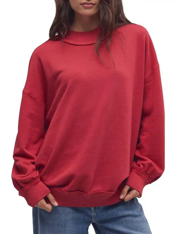 Free People Palm Springs Mock Neck Cotton Fleece Sweatshirt - Salsa