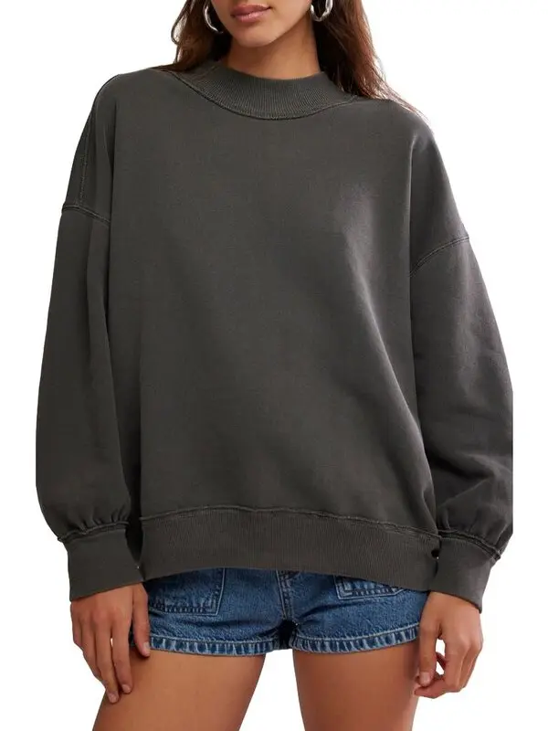 Free People Palm Springs Mock Neck Cotton Fleece Sweatshirt - Washed Black