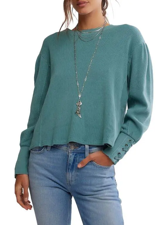 Free People Lapis Lace-up Cuff Cotton Thermal Top - Cypress