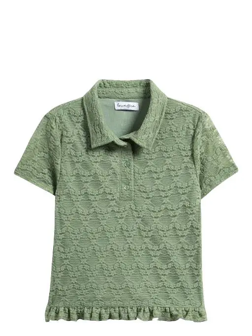LOVE, FIRE Lace Polo Top With Ruffle Hem - Hedge Green