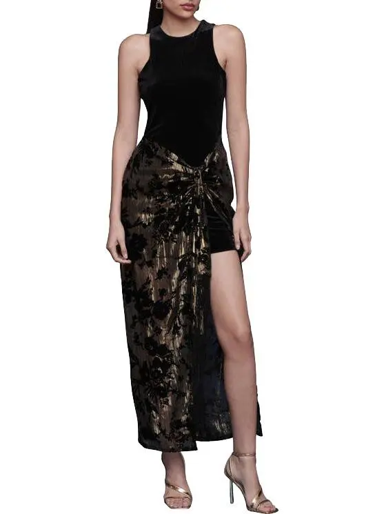 Avec Les Filles Metallic Floral And Velvet Dress - Black And Gold