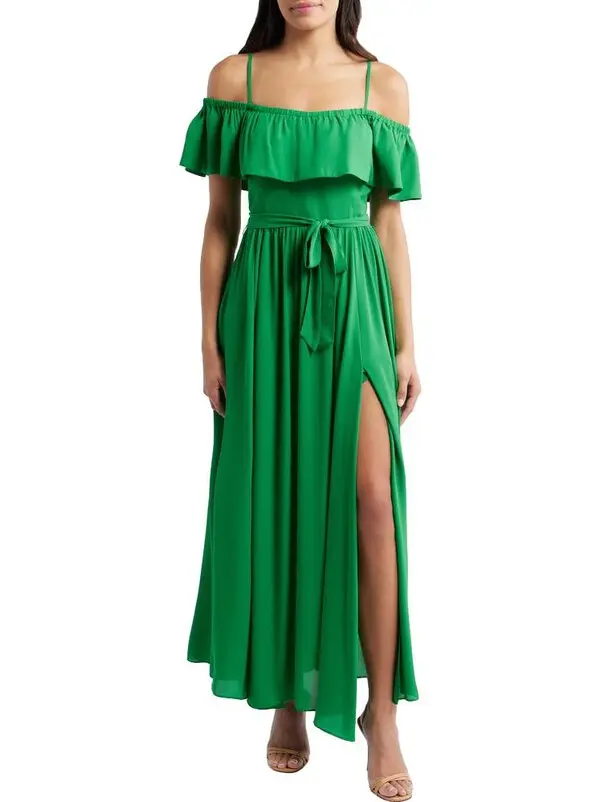 LAYERED WITH LOVE Cold Shoulder Tie Belt Maxi Sundress - Kelly Green