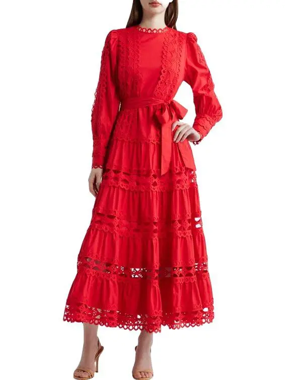 LAYERED WITH LOVE Lace Trim Long Sleeve Cotton Maxi Dress - Candy Apple