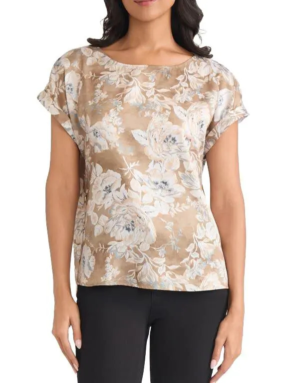 Jones New York Floral Ballet Neck Top - Mocha Sand Multi