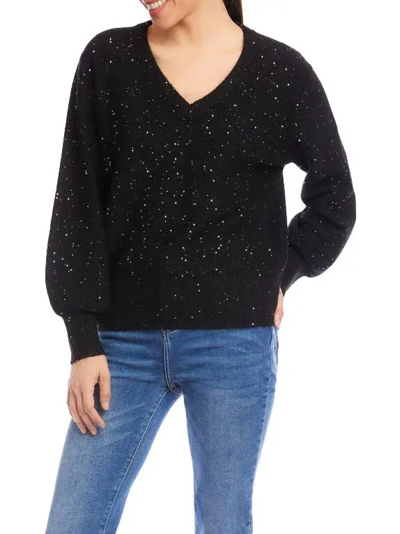 Karen Kane Sequin V-neck Sweater - Black