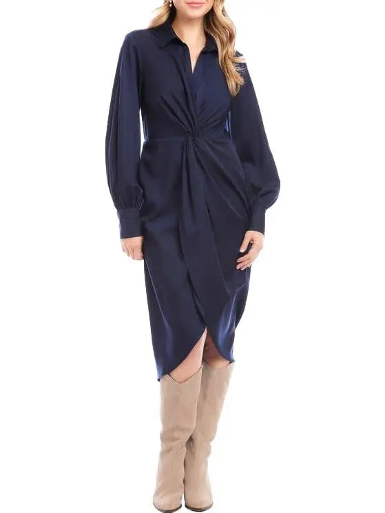 Karen Kane Savannah Twist-front Sateen Midi Dress - Navy