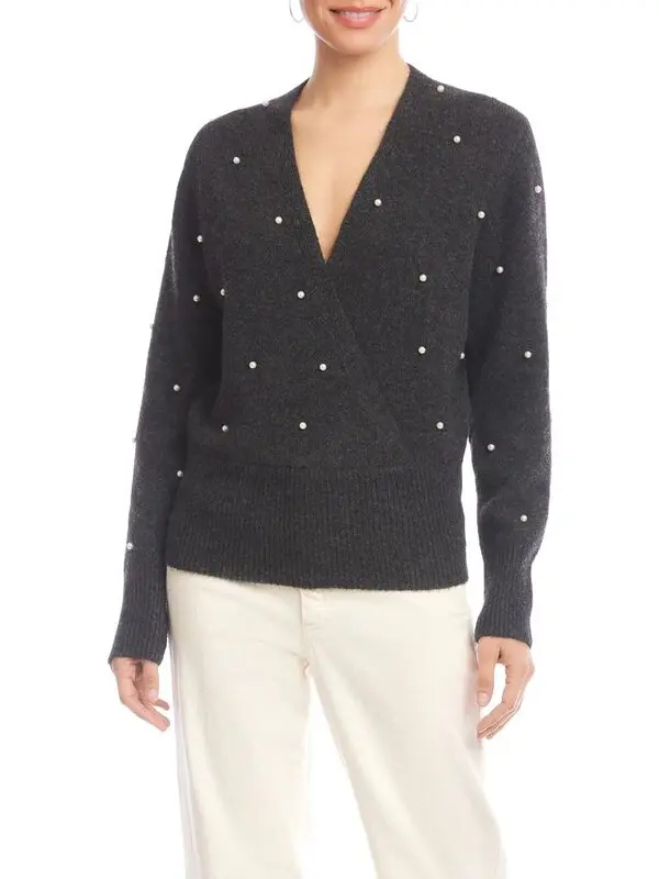 Karen Kane Faux Pearl Embellished Wrap Sweater - Charcoal