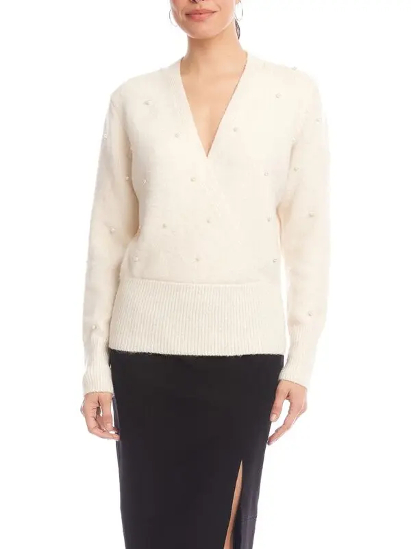 Karen Kane Faux Pearl Embellished Wrap Sweater - Cream