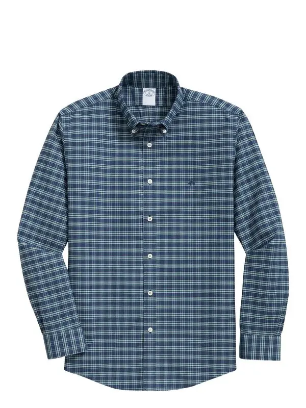 Brooks Brothers Plaid Wrinkle Resistant Stretch Cotton Button-down Shirt - Navy Green Heron Check