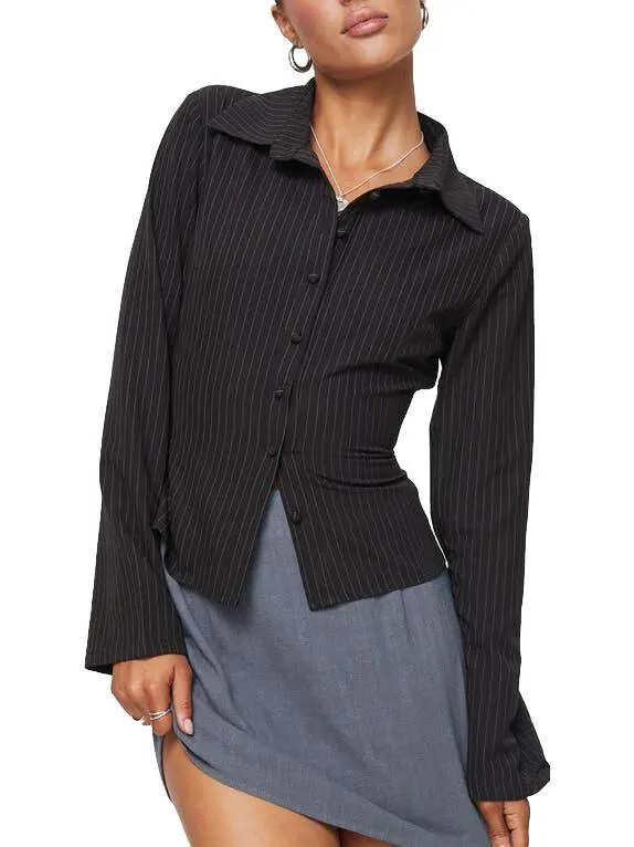 Princess Polly Anni Pinstripe Button-up Shirt - Black Pinstripe