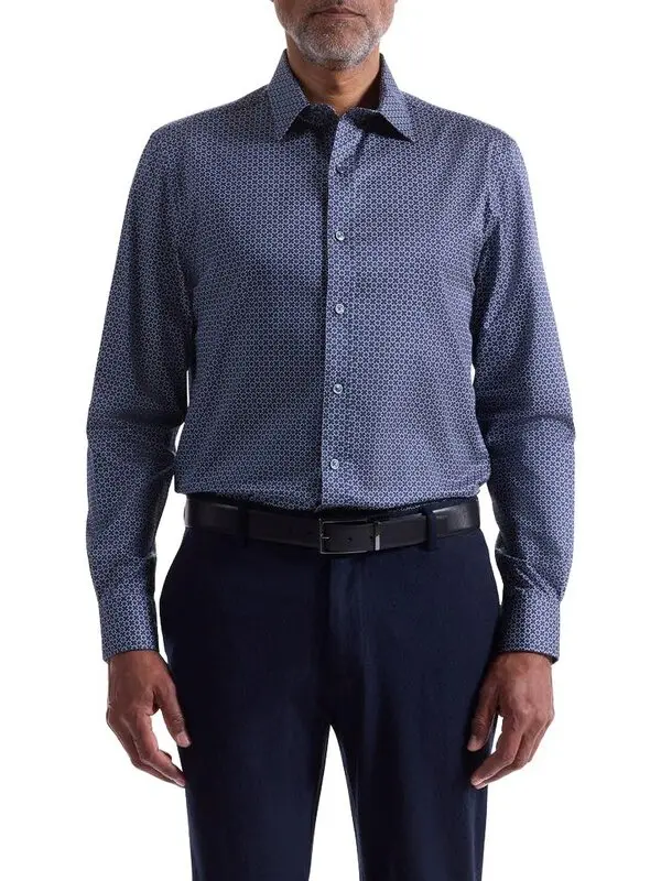 Bugatchi Julian Shaped Fit Geo Print Cotton Button-up Shirt - Night Blue
