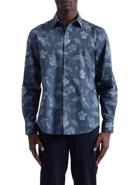 Bugatchi Julian Shaped Fit Leaf Print Stretch Cotton Button-up Shirt - Navy