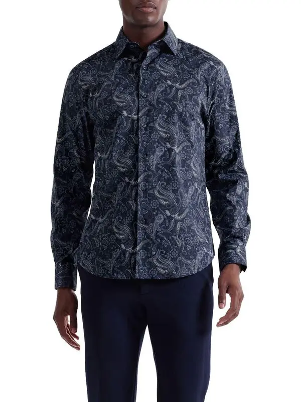 Bugatchi Axel Trim Fit Paisley Stretch Cotton Button-up Shirt - Navy
