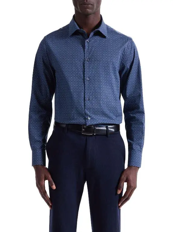 Bugatchi Julian Shaped Fit Medallion Print Stretch Cotton Button-up Shirt - Navy