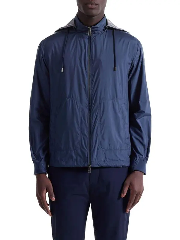 Bugatchi Water Repellent Windbreaker With Removable Hood - Navy