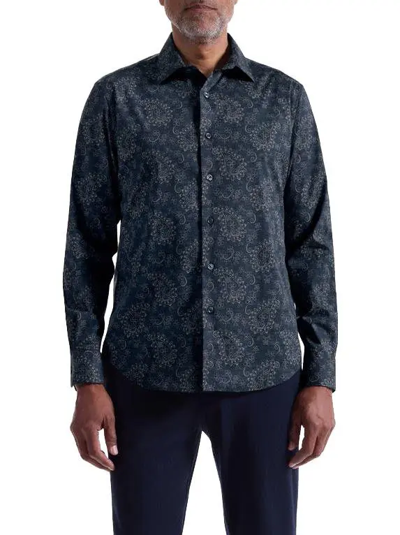 Bugatchi Axel Trim Fit Paisley Stretch Cotton Button-up Shirt - Navy
