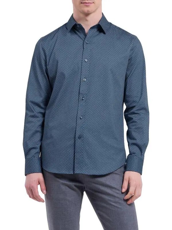 Bugatchi Julian Shaped Fit Shell Print Stretch Cotton Button-up Shirt - Teal