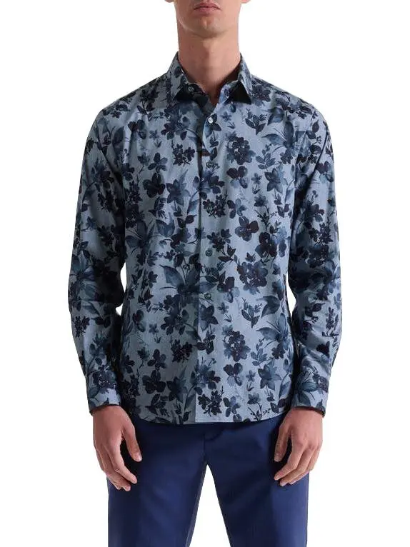 Bugatchi Julian Shaped Fit Floral Print Stretch Cotton Button-up Shirt - Cobalt