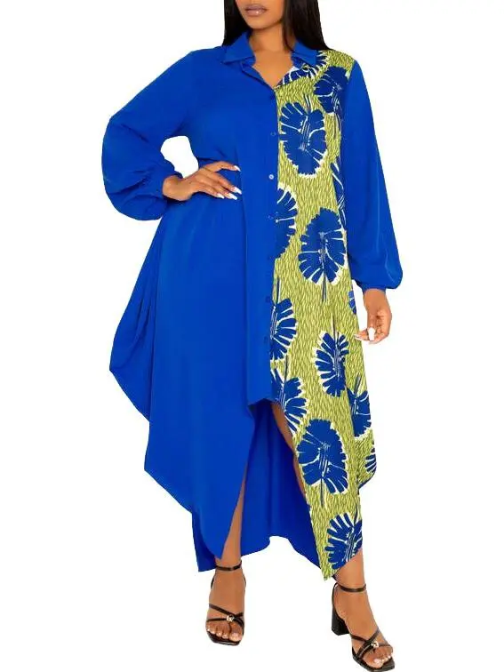 BUXOM COUTURE Solid & Print Long Sleeve Asymmetric Maxi Shirtdress - Blue Multi