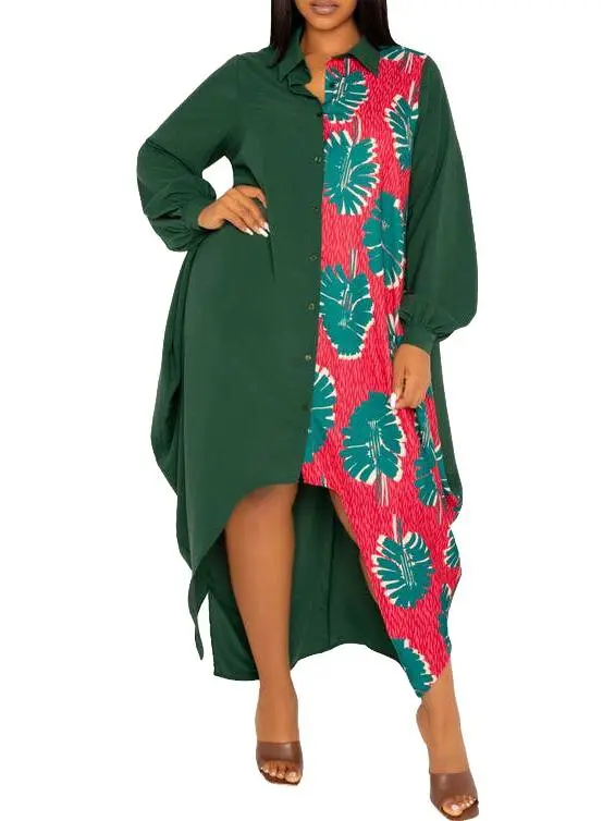 BUXOM COUTURE Solid & Print Long Sleeve Asymmetric Maxi Shirtdress - Green Multi
