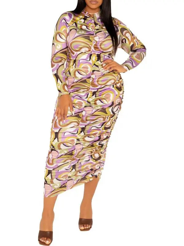 BUXOM COUTURE Print Ruched Long Sleeve Midi Body-con Dress - Pink Multi